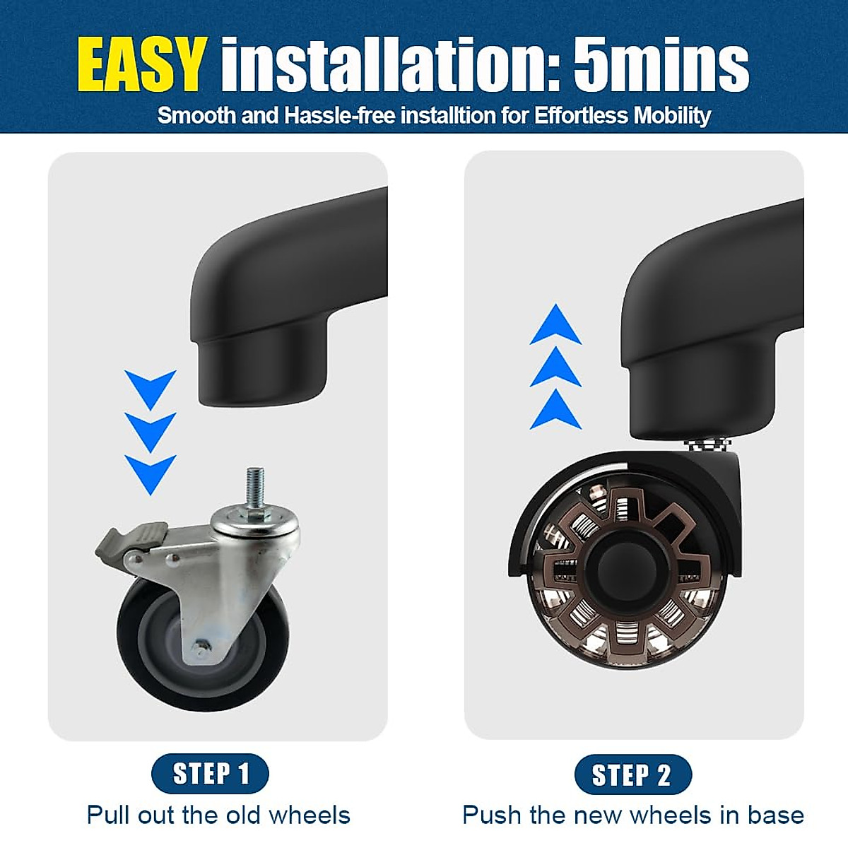 Office Chair Caster Wheels, Set of 5, Heavy Duty Chair Wheels for Hardwood, Carpet -Quiet & Smooth Gliding 2 Inch Office Chair Rubber Caster Wheels(Brown)