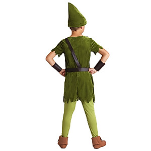 Kids Peter Pan Costume with Hat, Shirt, Tights, Belt/Harness and Wrist Cuffs Green