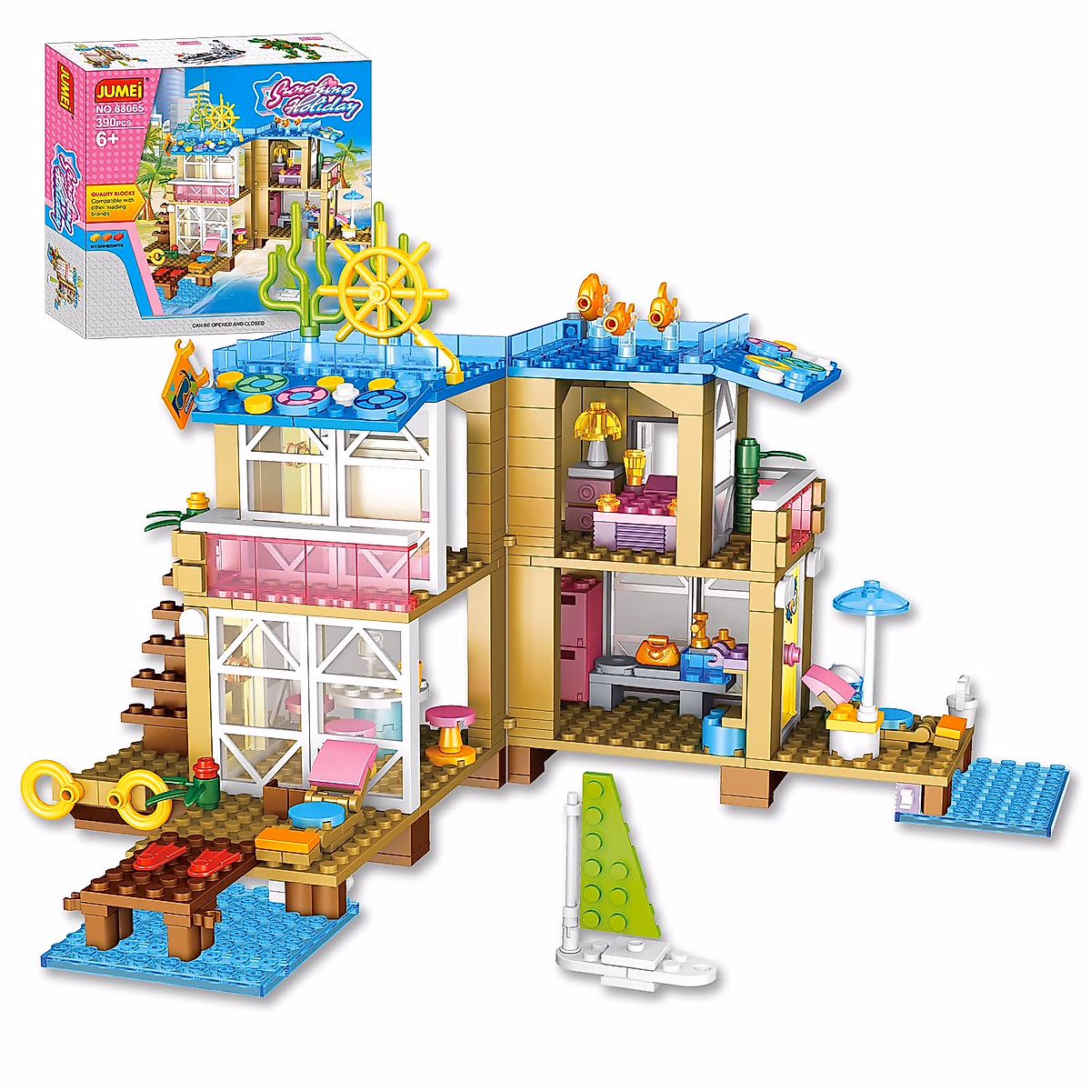 JUMEI Friends Set Building Blocks,Girls Building Toys Set,390 PCS Girls Block Set,Beach Friends House Set Building Set Toys,Friends House Building Set,STEM Toy,Friends Set for Girl 6-12 Years Old