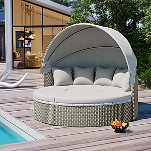 Merax Patio Conversation Set, 5-Piece Outdoor Furniture Round Sectional Sofa Set Rattan Daybed Two-Tone Weave Sunbed with Retractable Canopy, Gray