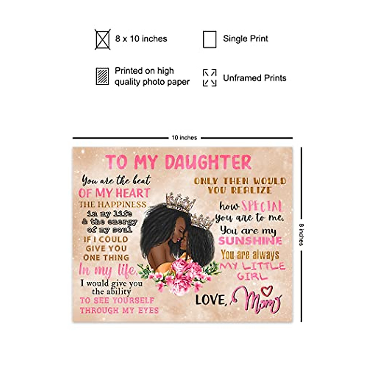 Black Mother Daughter Wall Art - African Americans Black women Wall Art & Decor - Baby shower Gift - Nursery Wall Art - Pink Girls Room Girls Bedroom Wall Art - To My Daughter Poster 8x10 UNFRAMED