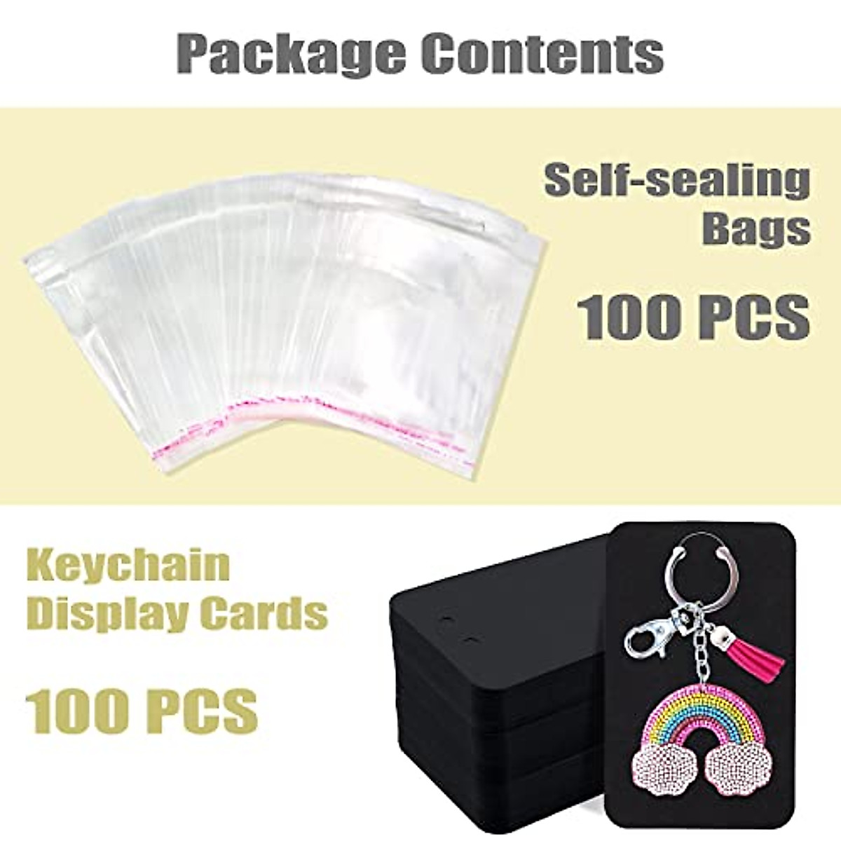 ZYNERY 100 PCS Keychain Display Cards, 3 x 4.7 Inch Keychain Holder with Self-Sealing Bags, Card Display Rack for Displaying Keyring Jewelry Bulk Keychains Packaging Supplies (Black)