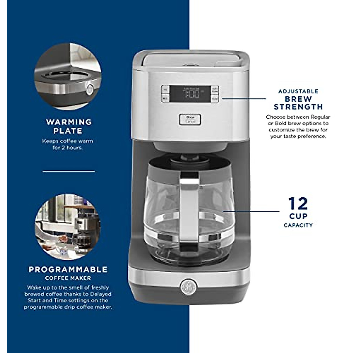 GE Drip Coffee Maker With Timer | 12-Cup Glass Carafe Coffee Pot With Warming Plate | Adjustable Brew Strength | Wide Shower Head for Maximum Flavor | Kitchen Essentials | Stainless Steel