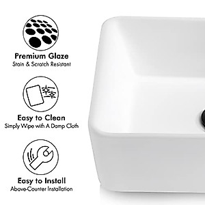 KES Rectangle Bathroom Sink with Bathroom Sink Drain Combo, 16" x 12" White Ceramic Vessel Sink Above Counter with Pop Up Drain Stopper Brass and Stainless Steel Matte Black, BVS110S40+S2008D-BK