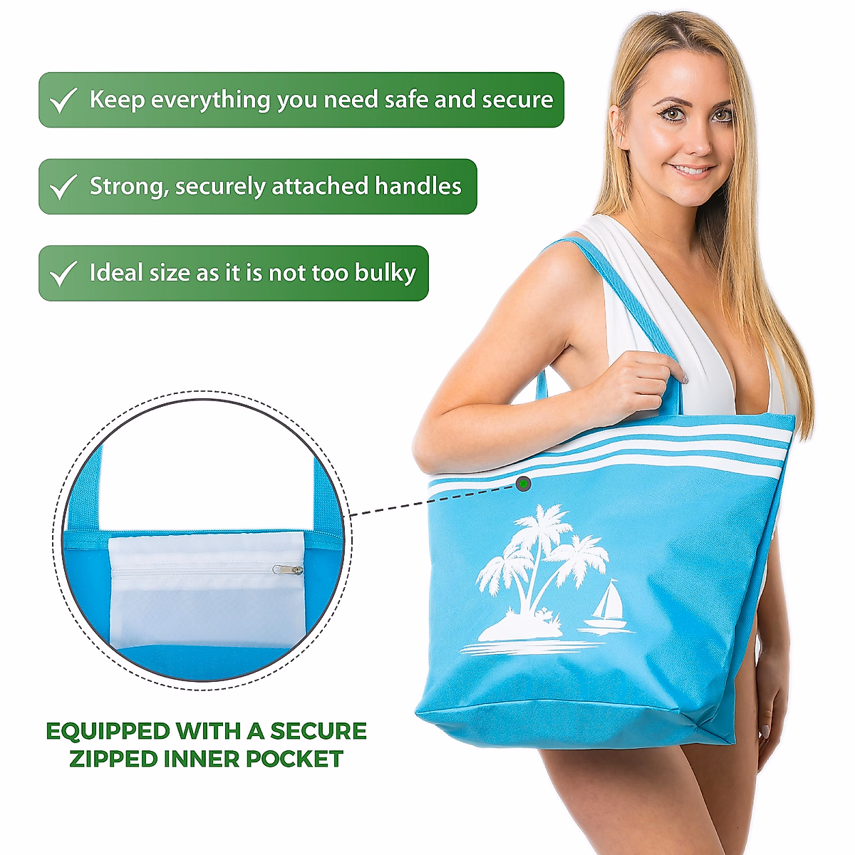 AIREE FAIREE Beach Bag - Beach Bags for Women - Large Waterproof Beach Bag with Zipper and Internal Zipped Pockets - Cute Design