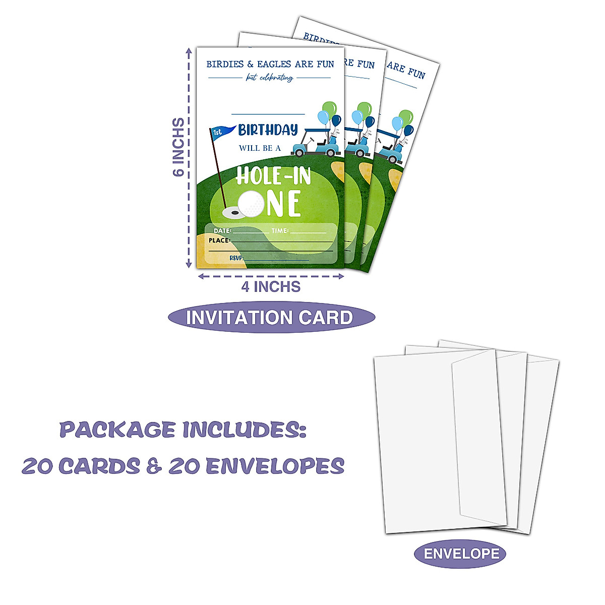 1st Golf Birthday Party Invitation, Hole in One Themed Fill-In Invites, 20 Invitations With Envelopes for Men & Women (4" X 6"), Adults Golf Party Favors Decorations and Supplies -52