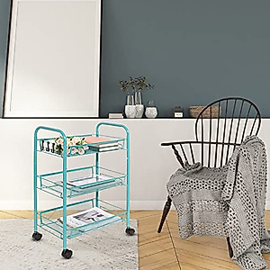 Ruishetop Rolling Push Cart Stand Shelves, Storage Rack with Wheels with Mesh Wire Basket, Multifunction Metal Trolley Organizer for Home, Office, Bedroom, Bathroom, Kitchen (3-Tier Rack Blue)