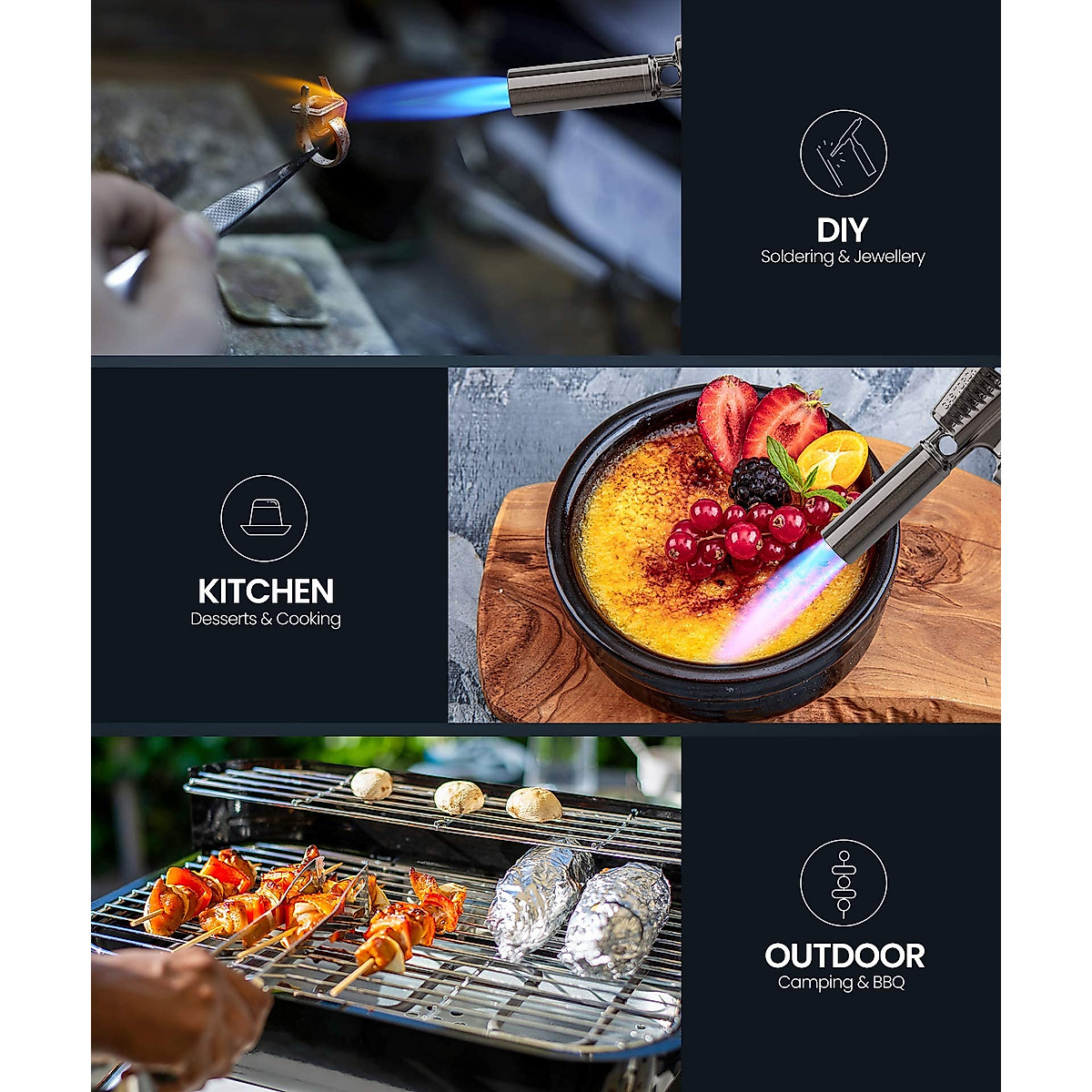 RONXS Butane Torch, Torch Lighter with 25g Large Gas Capacity, Refillable Blow Torch with Max 6'' Big Continuous Adjustable Flame, Industrial Soldering Torch for Cooking DIY Crafts (Gas Not Included)