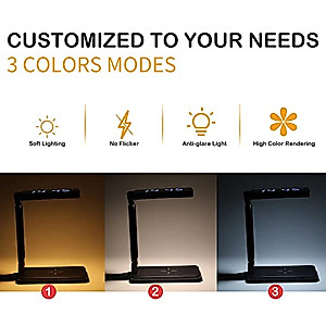 PELTEFLU Portable LED Desk Lamp with Wireless Charger, 3 Lighting Modes Desk Lamp Rotates 360° Horizontally with Time Display and Alarm Clock