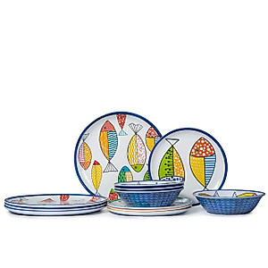 Gofunfun Melamine Dinnerware set for 4, Plates and Bowls Sets, Great for Camper, RV, Indoors Outdoors Use with Ocean Printed, Unbreakable