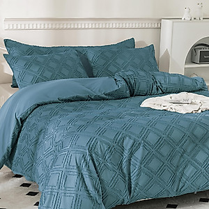 JELLYMONI Grayish Blue Duvet Cover Twin Size - 3 PCS Microfiber Tufted Duvet Cover Set, Boho Textured Duvet Cover Jacquard Rhombus Geometric Pattern Duvet Cover with Corner Ties & Zipper Closure