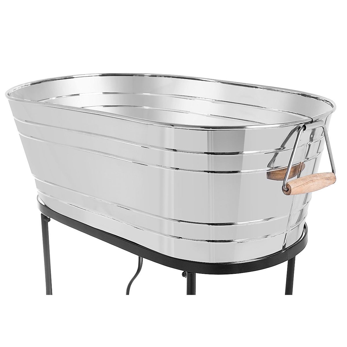BirdRock Home Stainless Steel Beverage Tub with Stand - Oval - Bottom Tray - Party Drink Holder - Wooden Handles - Outdoor or Indoor Use - Free Standing