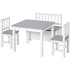 Qaba 4-Piece Kids Table Set with 2 Wooden Chairs, 1 Storage Bench, and Interesting Modern Design, Grey/White