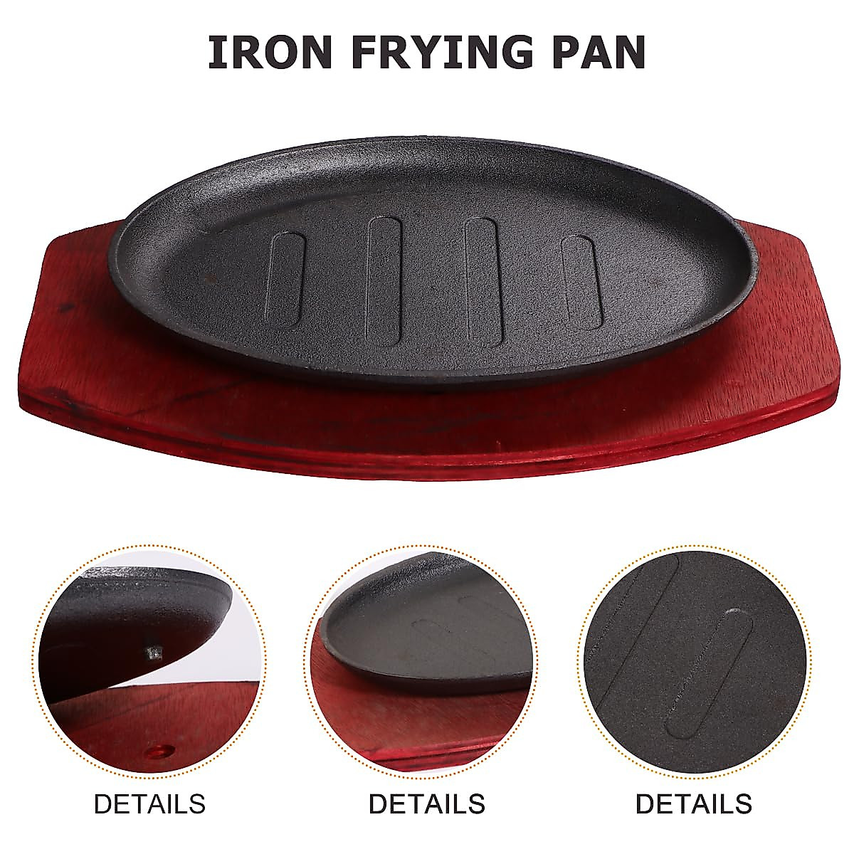 Yardwe Cast Iron Steak Pan, Round Sizzling Plate Fajita Skillet Steak Plate with Wooden Base for Kitchen Restaurant