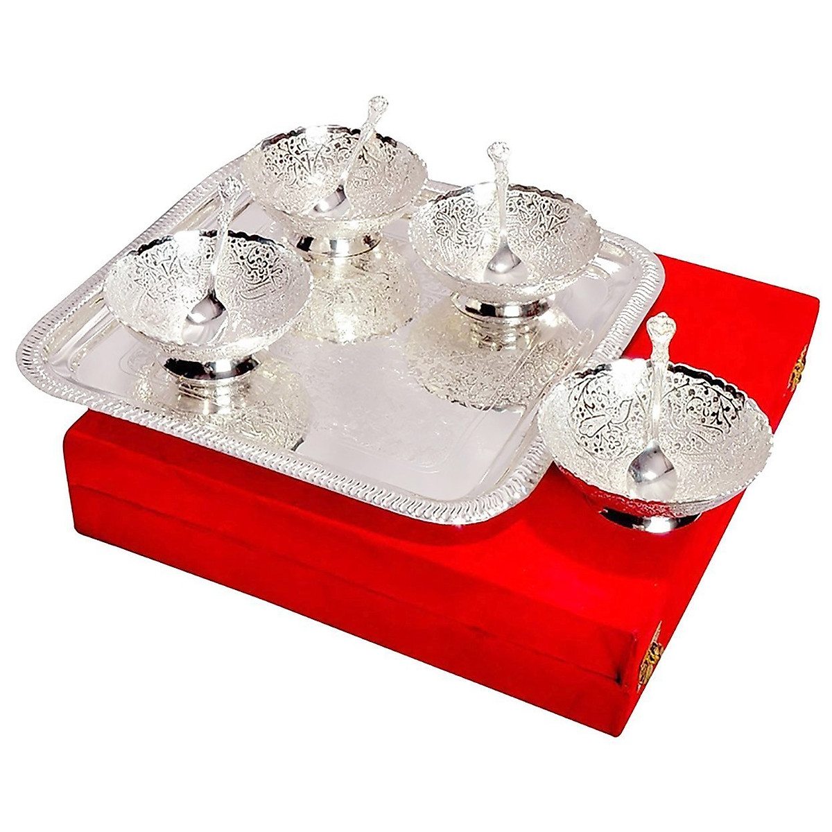 PARIJAT HANDICRAFT Silver Plated Brass Bowl Set with Tray - Pack of 9