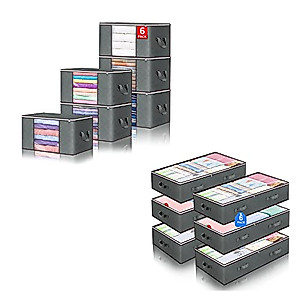 6-Pack 60L Clothes Storage & 6-Pack 90L Underbed Storage Bags, Clothes Storage Bins Foldable Closet Organizers with Durable Handles with Clear Window for Clothes Pillow Blankets Bedding
