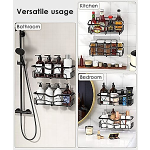 longzon Shower Caddy with 6 Traceless Adhesive, 3 Pack Shower Organizer, No Drilling Stainless Steel Shower Shelf, for Bathroom Suction Cup Storage Rack Shelves Black