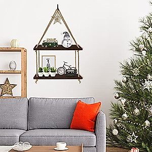 Iwaiting Outdoor Hanging Shelves for Wall, 2 Tier Antique Wood Floating Hanging Shelf with Handmade Twine Weaving Process, Suitable for Bedroom Living Room Bathroom Hanging Window Plant Shelves Decor