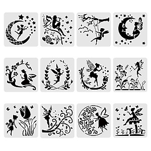 BENECREAT 12PCS Plastic Drawing Templates 12x12 Inches Angel & Fairy Moon Flowers Pattern Painting Template Stencil for Scrabooking Card Making, DIY Wall Floor Decoration