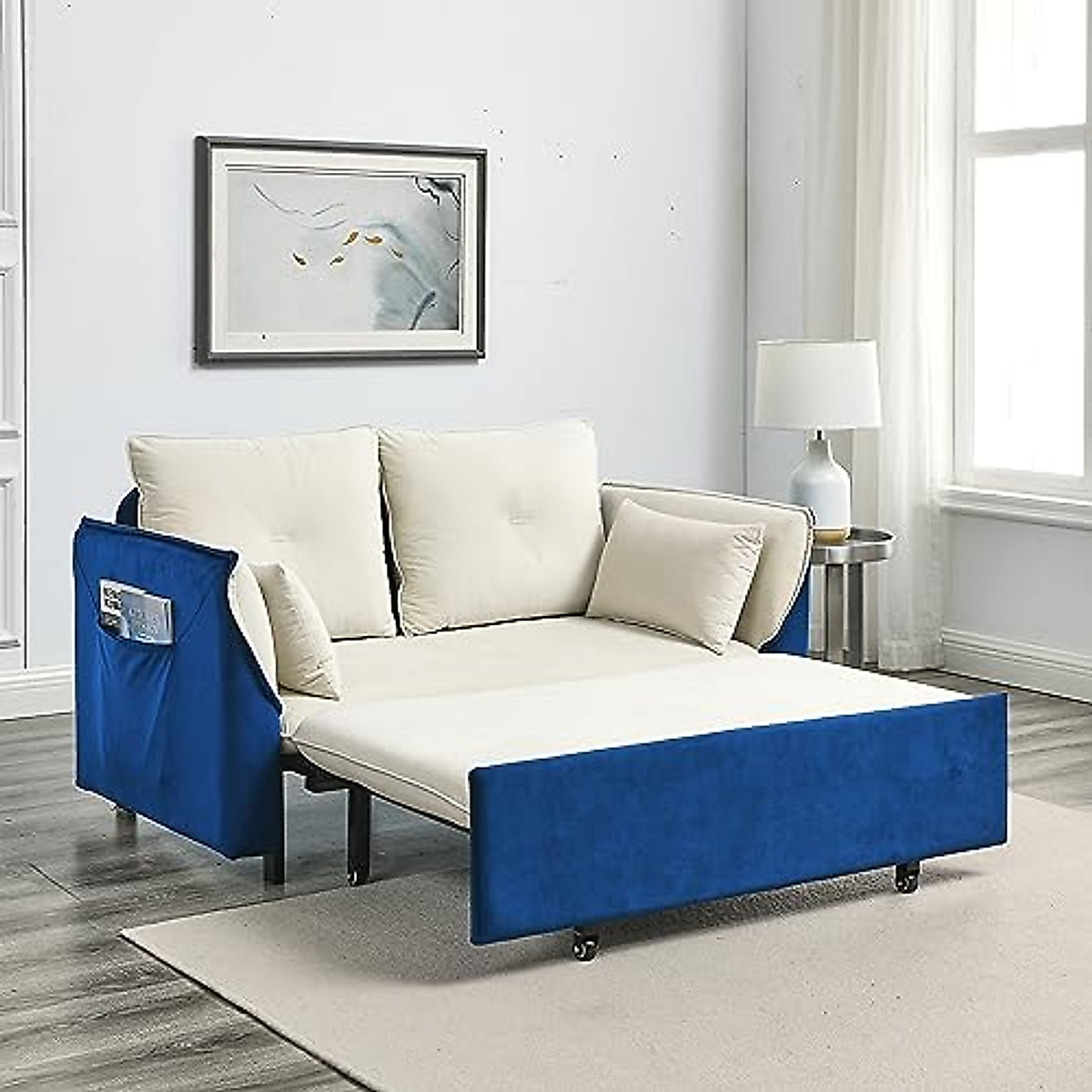 Verfur 3 in 1 Multi-Functional Futon Couch Pull Out Sleep, 2 Seater Convertible Loveseats Sofa with Adjustable Backrest,Comfy Upholstery Sofacama Sofabed, Blue White 57" Velvet w/ 4 Cushions