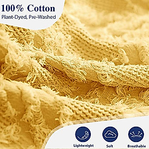 Simple&Opulence 100% Cotton Throw Blanket for Bed, Couch, Boho Textured Geometric Knit Woven Blanket with Tassels Soft, Lightweight Breathable Shabby Chic Farmhouse Decoration for All-Season(Yellow)