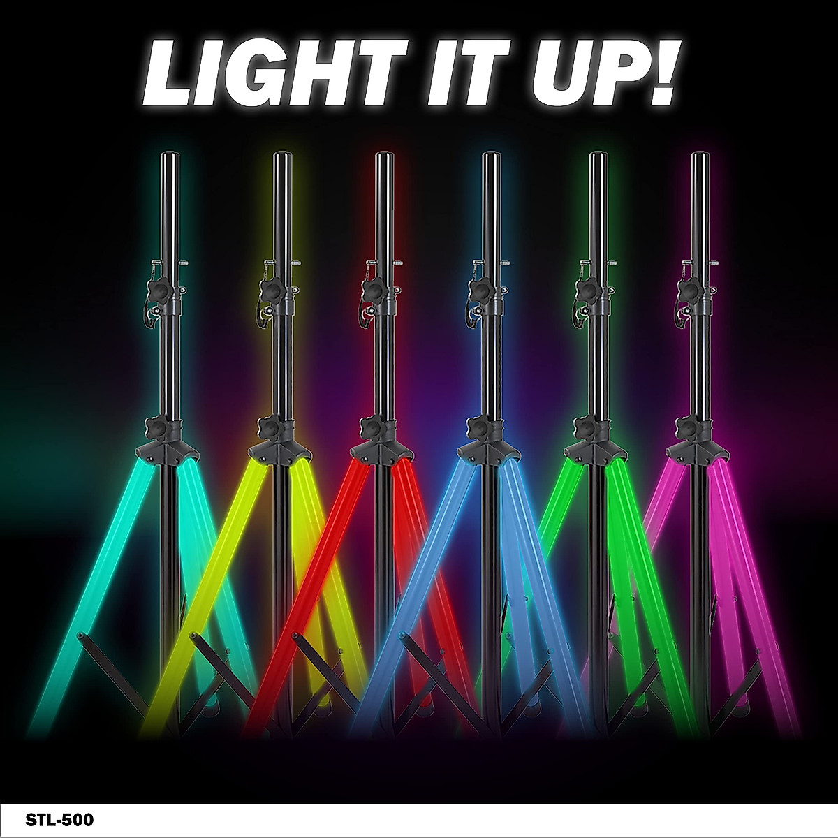 Gemini Sound STL-500 Professional Audio Equipment Foldable Collapsible Adjustable DJ PA System Party Universal Speaker Stands, Remote Controlled Multicolor LED Tripod Legs Lightshow