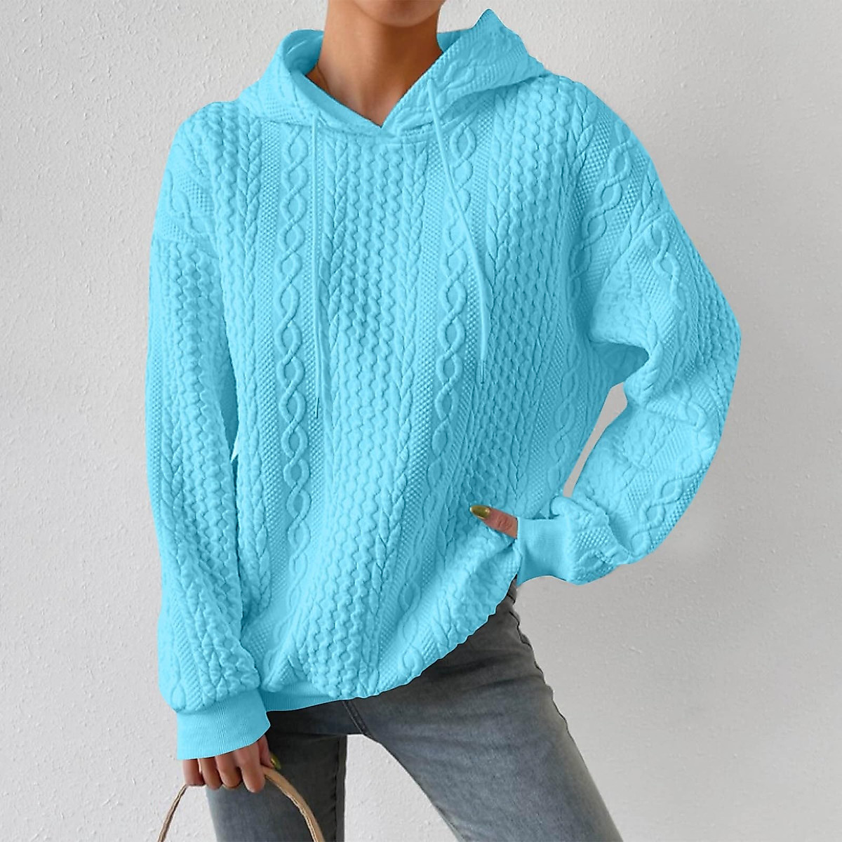 PETYCZEN Fall Sweatshirts for Women Casual Long Sleeve Slouchy Cozy Lightweight Cable Knit Oversized Hoodie Chunky Y2K Sweater Drawstring Pullover Tops Trendy Clothes with Pockets Light Blue 3X-Large