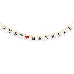 Just Married Banner, Wedding Bunting Banner with 8 Flicker Mode LED Fairy String Light, Hanging Sign Garland Pennant Photo Booth Props for Bridal Shower Wedding Engagement Car Party Decoration