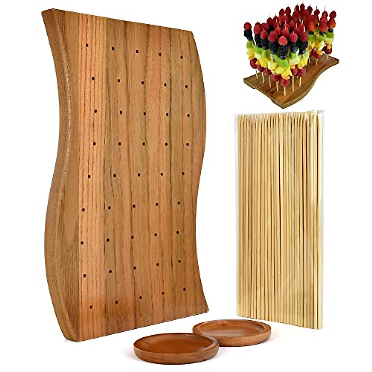 Skewer Holder – Chic Food Display Stands for Party – Ash Wood Pick Board for Parties, Events, BBQs - Food Skewers Board with 2 Ash Bowls and 100pcs Skewers – 11.4 x 7.5 x 0.8-inch