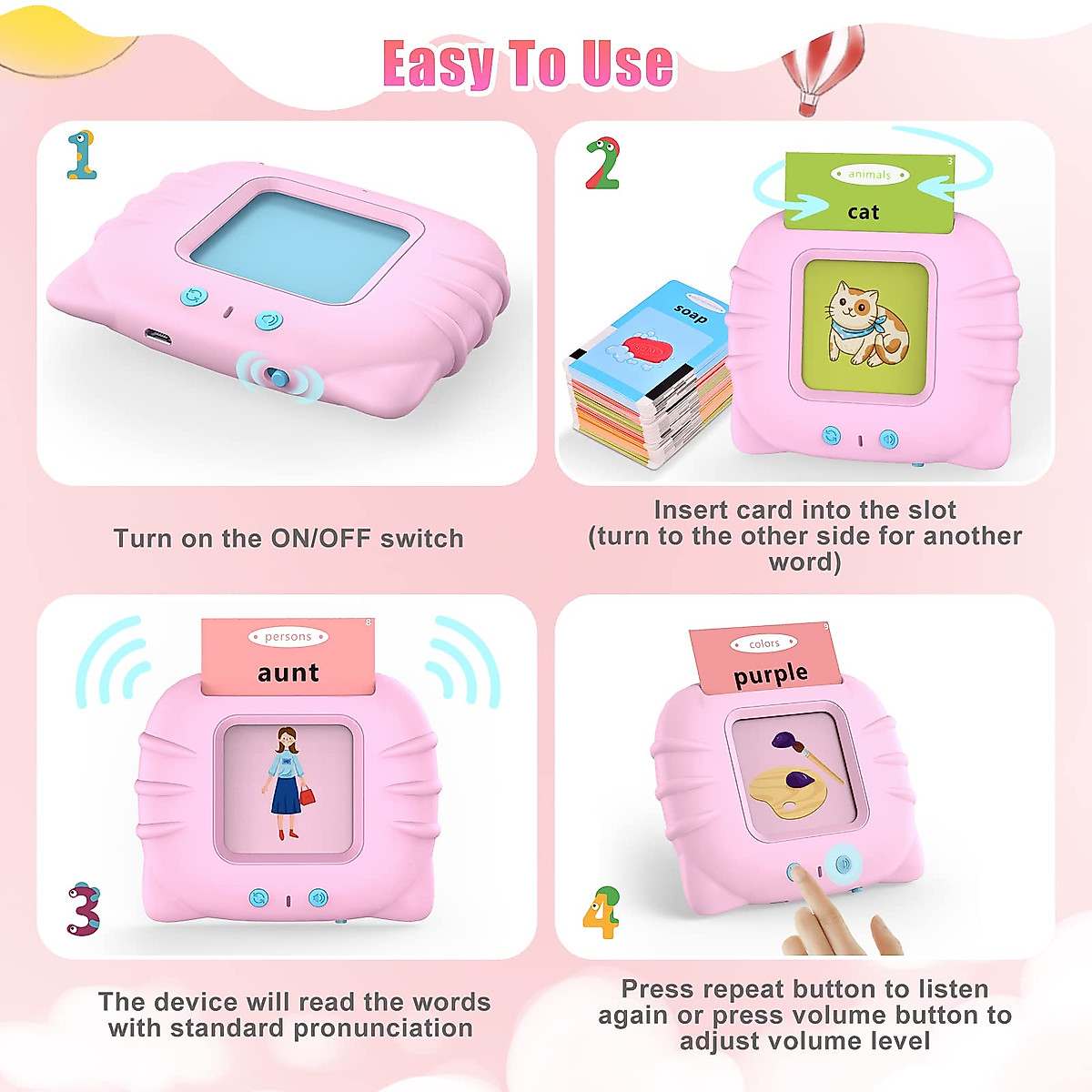 FISHOAKY Talking Flash Cards Educational Toys for 2 3 4 5 6 Year Old Boys Girls, Learning Toys, 112 Audible Baby Flash Cards 224 Words, Preschool Learning Toys Birthday Gift for Kids, Pink