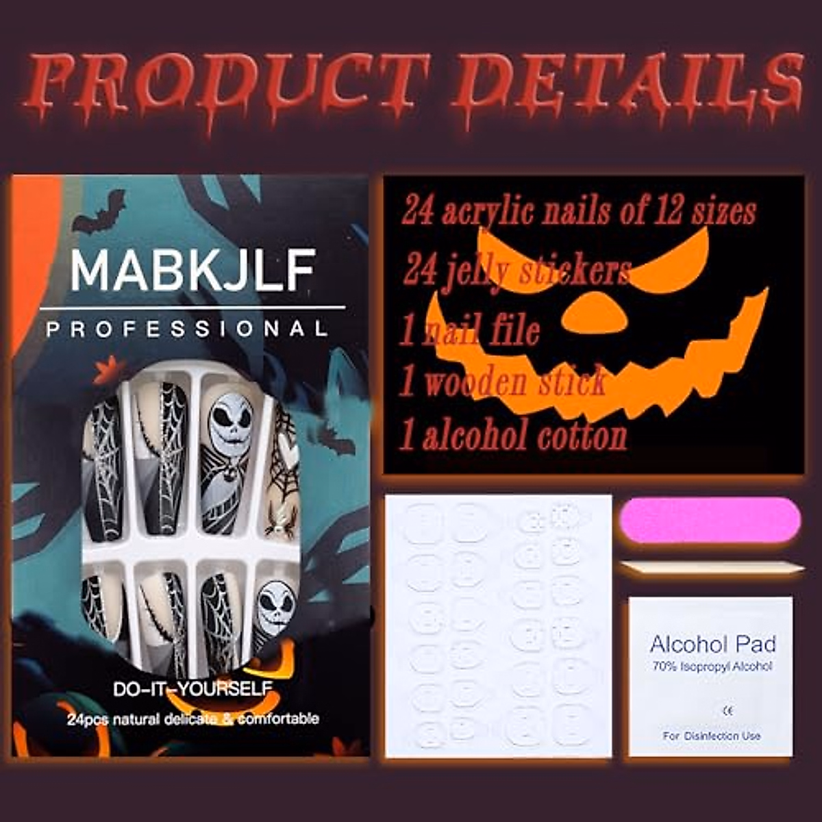 Halloween Press on Nails Long Coffin Fake Nails Full Cover Nightmare Christmas Nails Spider Web False Nails with Designs Rhinestones Matte Glue on Nails Artificial Nails for Women Girls 24Pcs