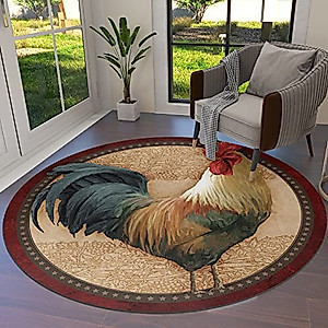 Round Area Rug Rooster Farmhouse Stars Non-Slip Bedroom Round Area Rug Red Marble Texture Soft Sofa Carpet Dining Room Entryway Foyer Living Room Area Rug 4 Feet Round