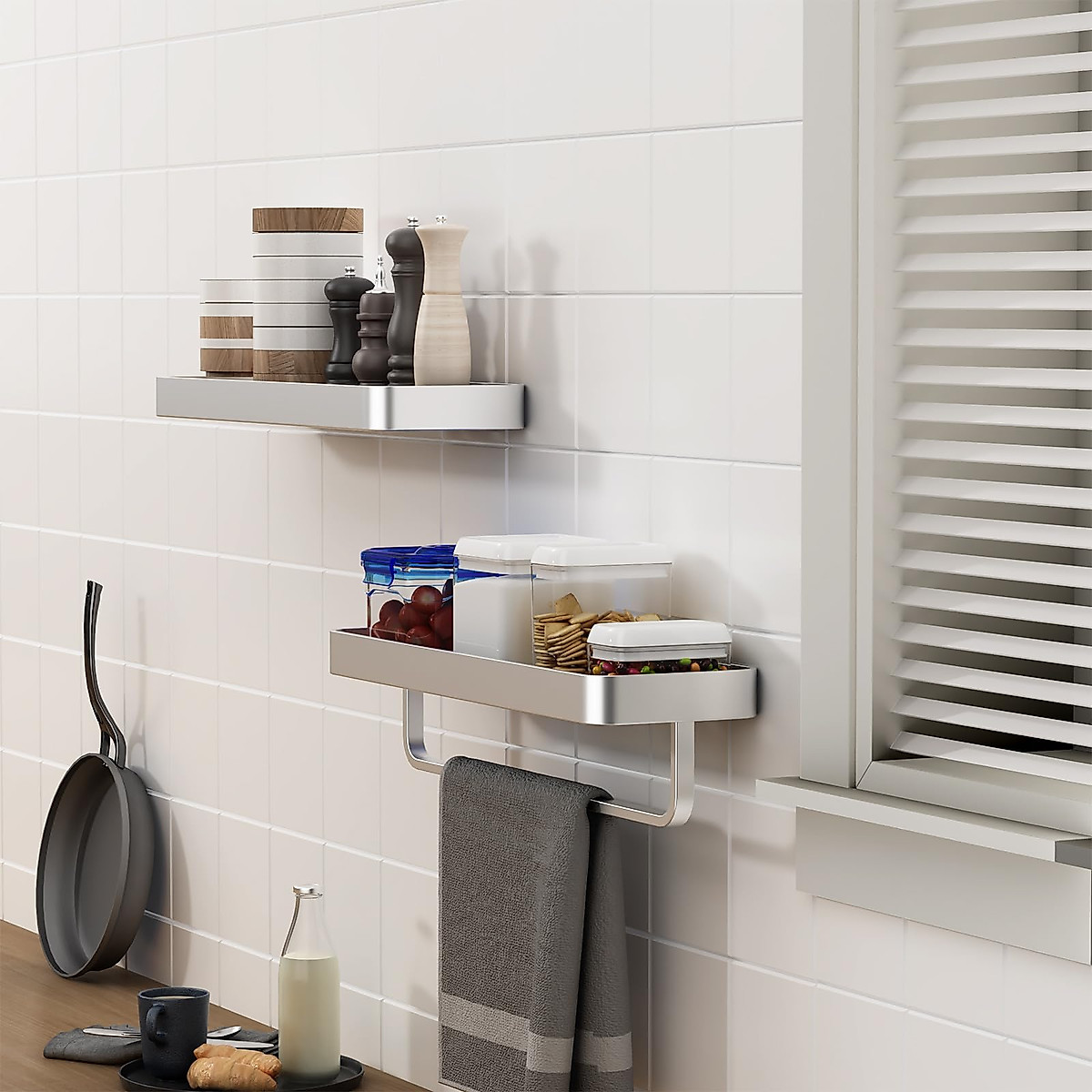 dancrul Bathroom Shelf Glass Bathroom Shelves Wall Mounted Rectangular Floating Shelves for Wall Decor Bathroom Organizer Matte Silver Set