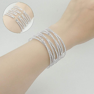 JSEA 4-Womens Rhinestones Cross Cuff Bracelet Open End Wide Bangle Silver tone