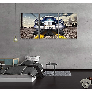 USIXA Car Wall Art for Living Room Old Vehicle on Brown Road Wall Decor Painting Blue Car in Wild Picture for Home Decor Prints Canvas with Frame Ready Hang White Cloud Sky Landscape Poster 12''X16''