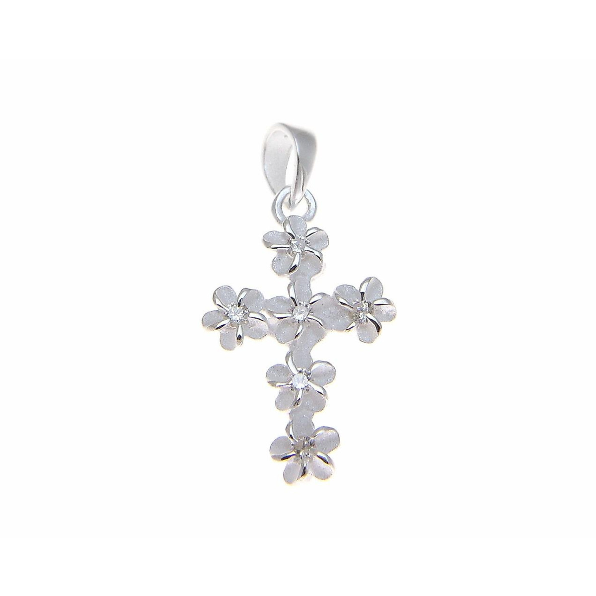 Arthur's Jewelry 925 Sterling silver Hawaiian plumeria flower cross pendant clear cz 11mm small