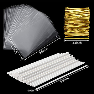 300Pcs 6 Inches Cake Pops Making Tools 100Pcs Cake Pop Sticks 100Pcs Cake Pop Bags and 100Pcs Twist Ties (Thin stick)