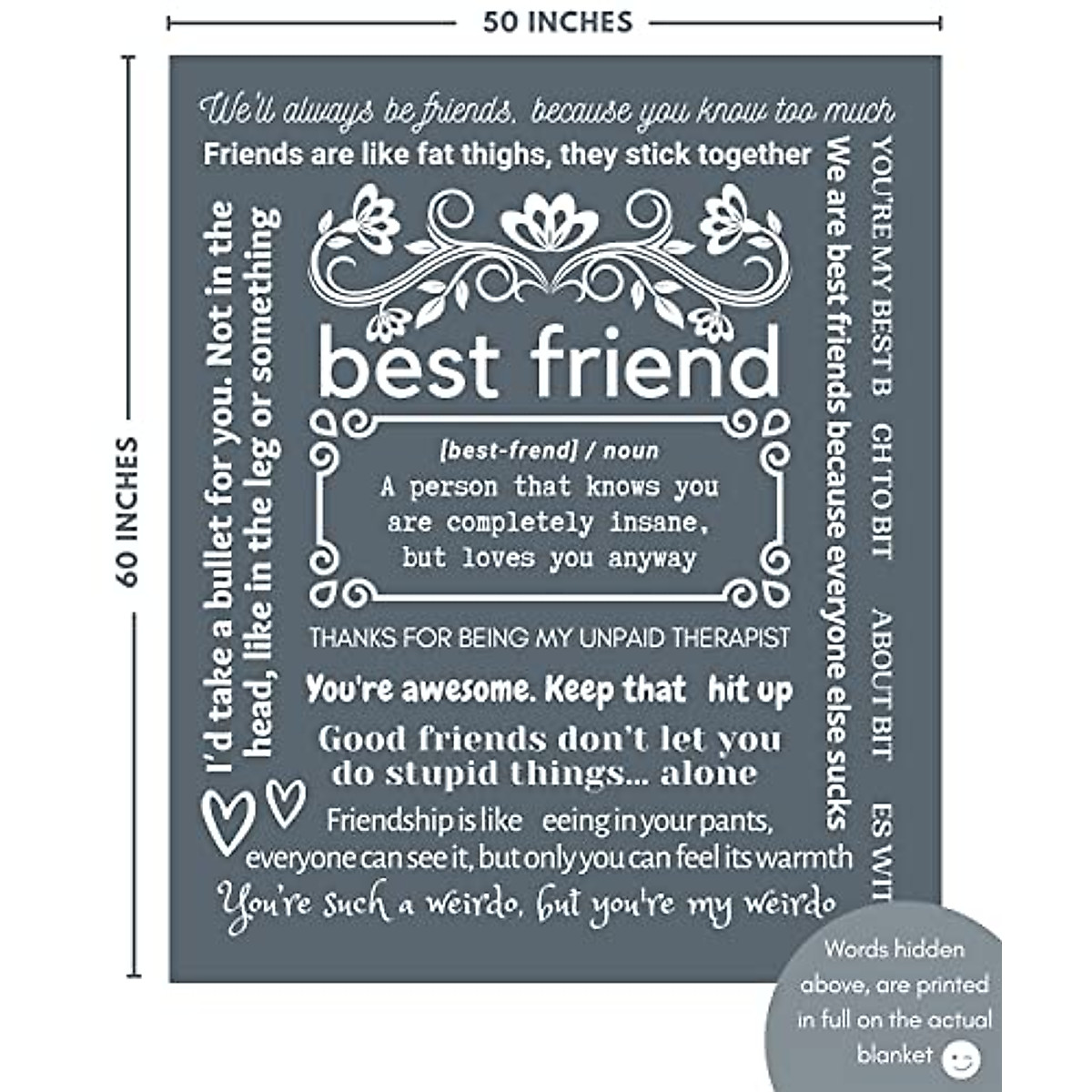 FILO ESTILO Funny Best Friend Birthday Gifts for Women, Best Friend Blanket, Unique Friendship Throw Full of Fun Gag Quotes and Sayings for Bestie, BFF, Long Distance 60x50 Inches (Grey, Fleece)