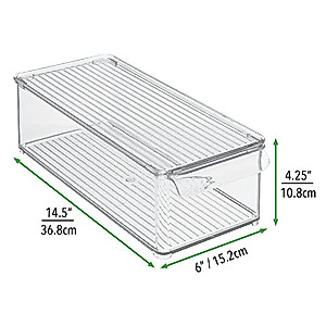 mDesign Slim Plastic Food Storage Container Bin with Lid and Front Handle for Kitchen, Pantry, Cabinet, Fridge and Freezer - Organizer for Snacks, Produce, Vegetables, Pasta, Drinks - Clear