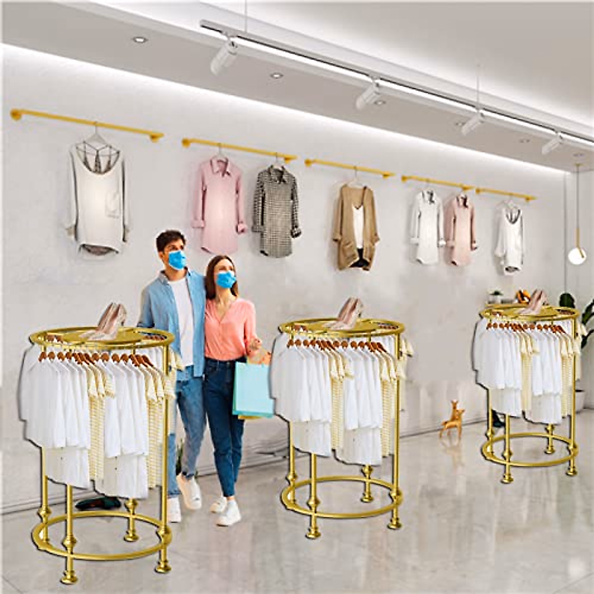 ZOUXIKOU Industrial Pipe Freestanding Round Garment Rack with Topper - Multi-Purpose Hanging Rod for Clothes Display and Storage in Retail Boutiques, Bedrooms, and Commercial Spaces