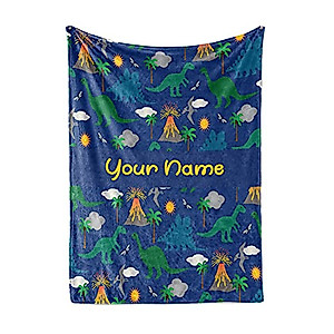 Personalized Corner Custom Dark Blue Dinosaur Fleece Throw Blanket for Kids - Boys Girls Baby Toddler Infants Blankets for Bed (30x40 Inches)