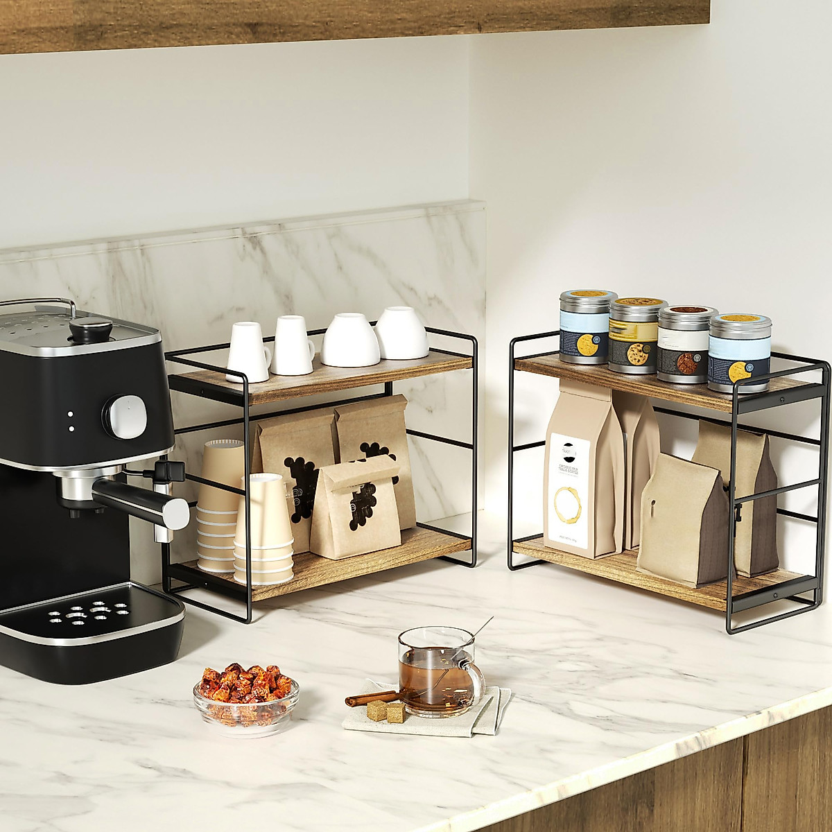 SRIWATANA Kitchen Countertop Organizer Set of 2, Bathroom Counter Shelf Spice Rack Sink Countertop Storage Desktop Large Wood Shelf - Carbonized Black