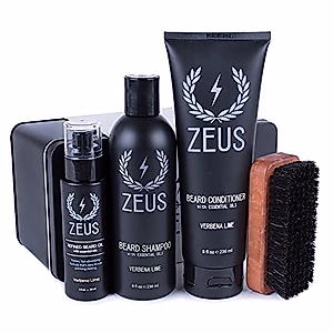 ZEUS Deluxe Beard Wash & Care Set – With Beard Wash, Refined Beard Oil & Palm Beard Brush (Verbena Lime)