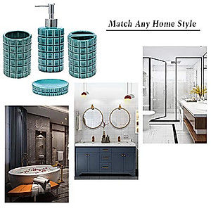 JOTOM Ceramic Bath Accessory Set,Luxury Bathroom Accessories Set - 4 Pieces with Decorative Hand Sanitizer Bottle,Toothbrush Cup,Toothbrush Holder,Soap Dish (Dark Green Square Lattice)