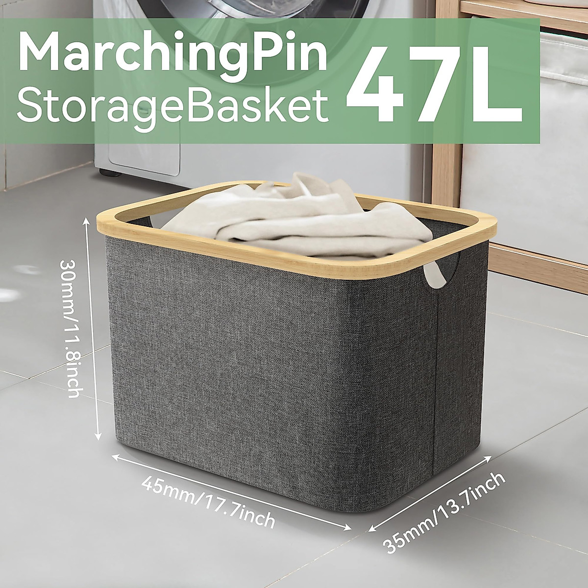 2 Pack Large Storage Basket for Organizing, Collapsible Fabric Storage Bins With Bamboo Handles, Closet Storage basket for Organizing Toy Books Towel and Clothes(Grey) 17.7 × 13.7 × 12inch