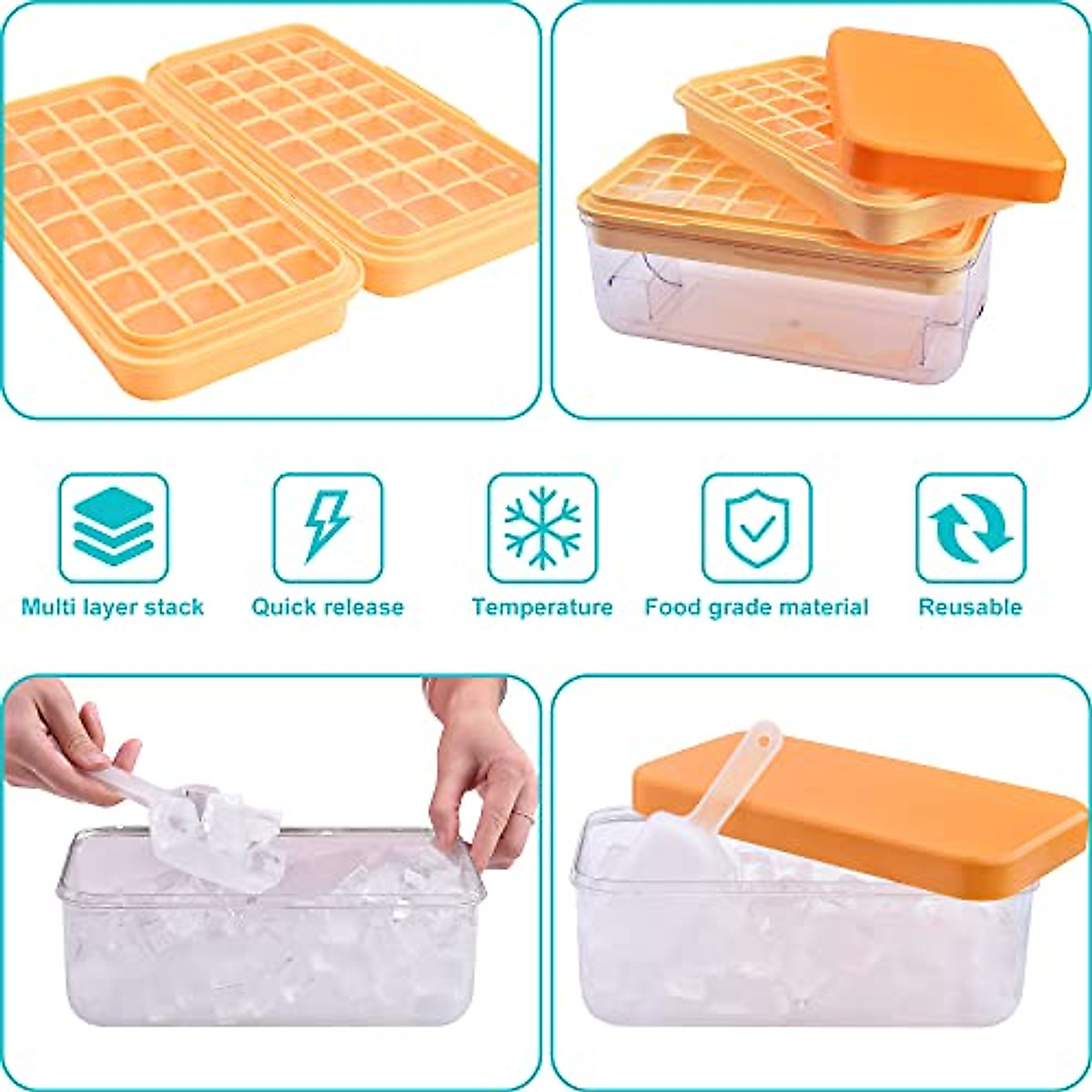 Burfocus Ice Cube Tray with Lid and Bin, Ice Trays Ice Maker for Freezer with Container Silicone Ice Cube Tray Mold Easy Release BPA Free Large Ice Cube Maker for Whiskey,Cocktail