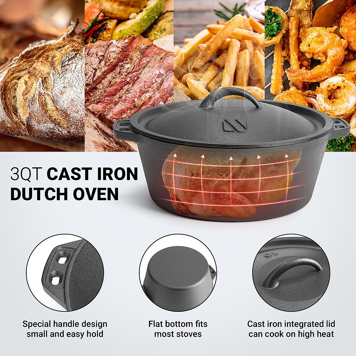 Pre-Seasoned Cast Iron Dutch Oven Pot with Lid, for Braising, Broiling, Frying, Sourdough Bread Baking, Camping Cookware, BBQ,3 Quart Pan