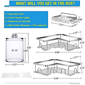 JOFUNBEAU Shower Organizer,Corner Shower Caddy with Soap Holder & Bathroom Canister & 8 Hooks,Adhesive No Drilling Rustproof Stainless Steel Shower Shelves for Inside Shower & Bathroom(Premium Chrome)