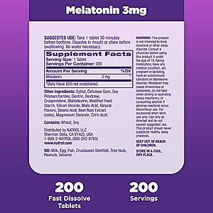 Natrol Melatonin 3mg, Strawberry-Flavored Dietary Supplement for Restful Sleep, 200 Fast-Dissolve Tablets, 200 Day Supply