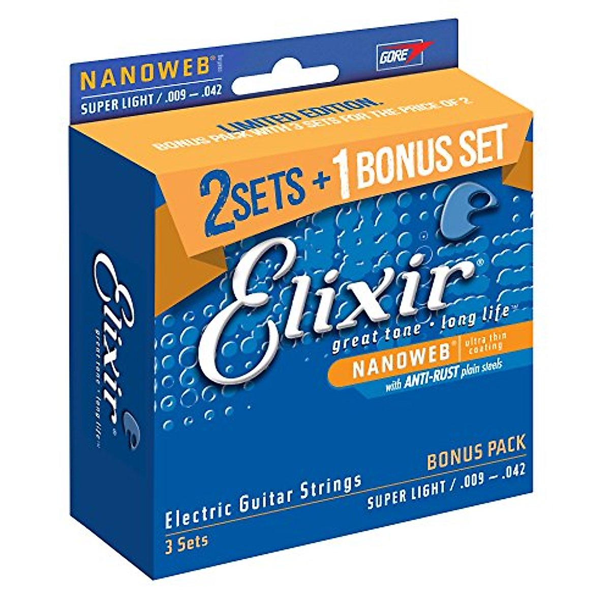 Elixir® Strings 16540 Electric Guitar Strings with NANOWEB® Coating, 3 Pack, Super Light (.009-.042)